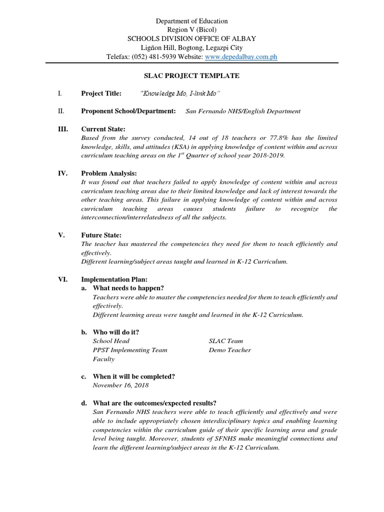 Slac Project Template | Download Free PDF | Teachers | Curriculum