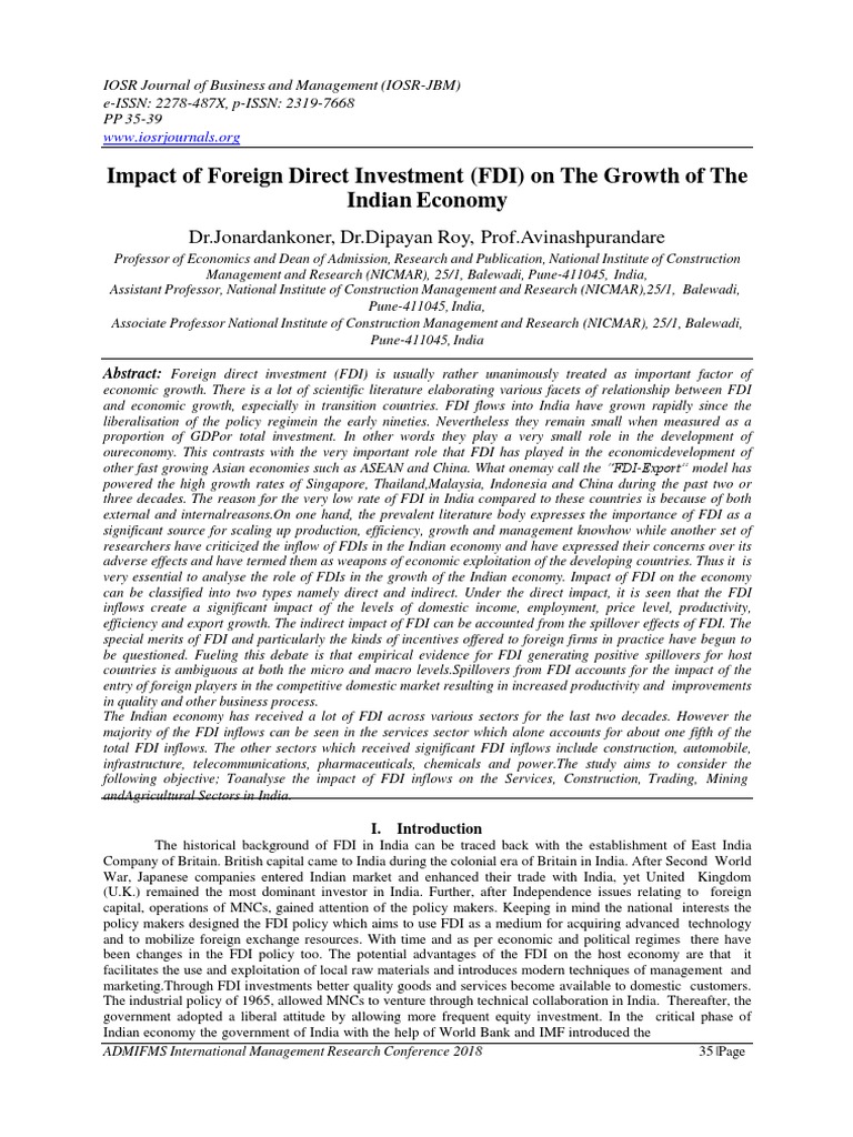 Impact of Foreign Direct Investment (FDI) On The Growth of The Indian ...