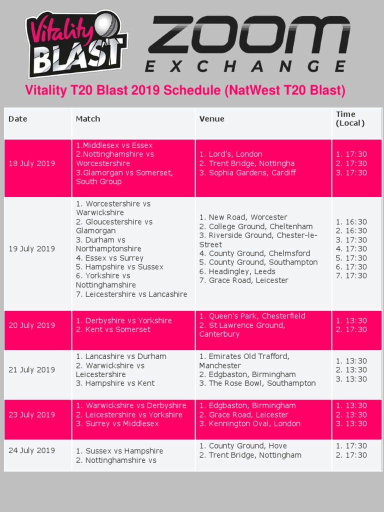 Vitality T20 Blast 2019 Fixtures | PDF | Forms Of Cricket | Sports Teams