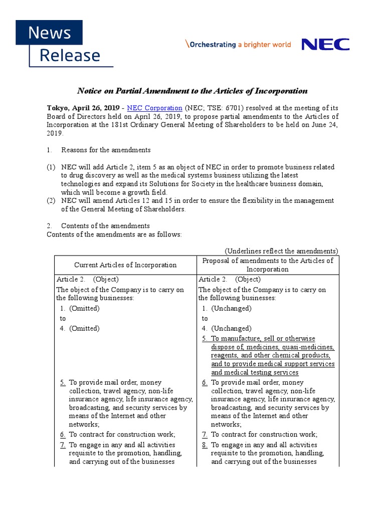 Notice On Partial Amendment To The Articles of Incorporation | PDF ...