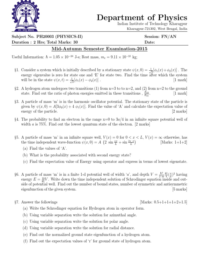 Department of Physics: Mid-Autumn Semester Examination-2015 | Download Free PDF | Electronvolt ...