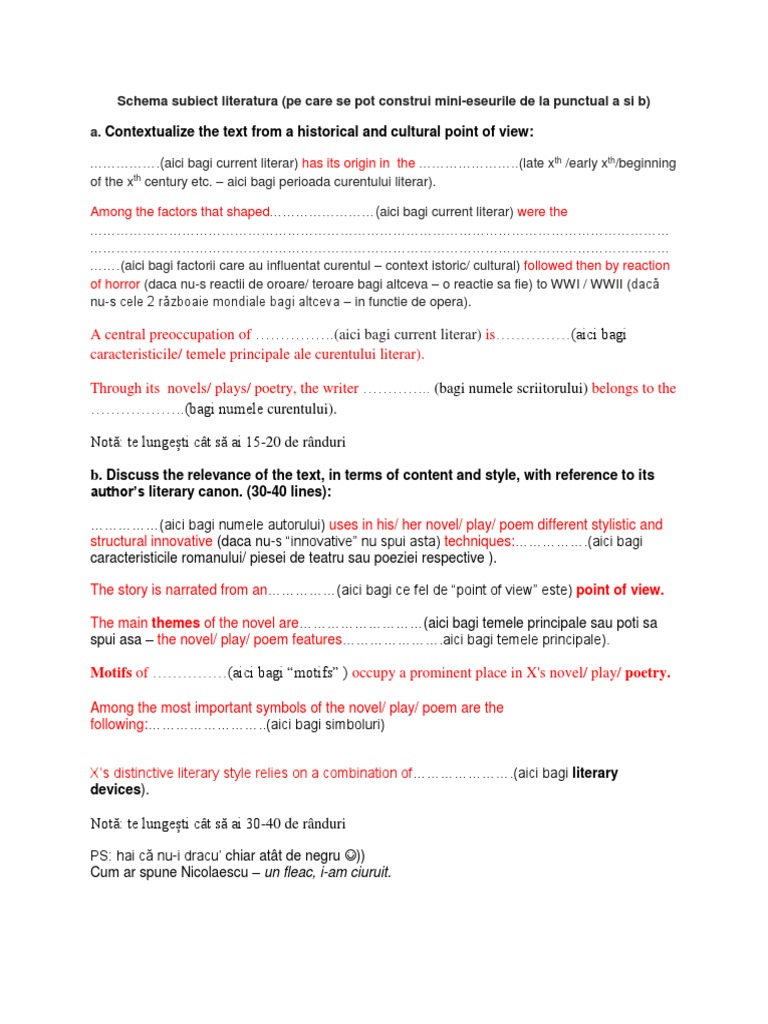 Schema Subiect Literatura | PDF | Writing | Written Communication