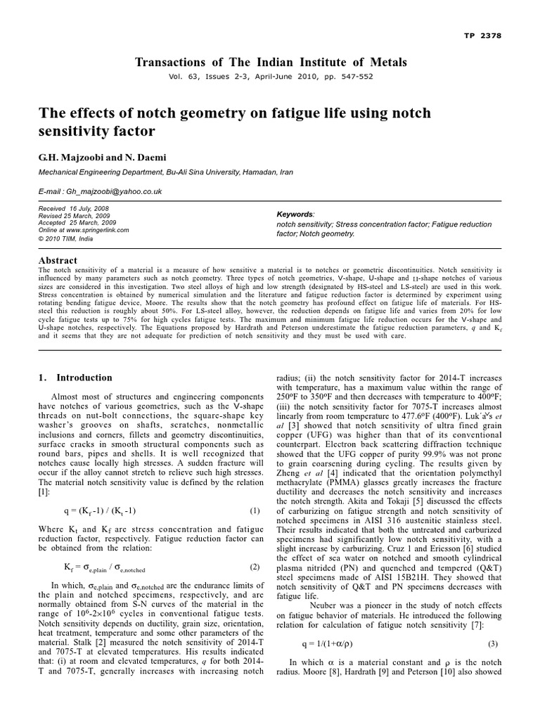The Effects of Notch Geometry On Fatigue Life Using Notch Sensitivity ...