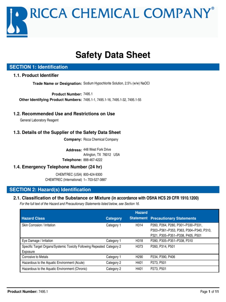Sds For Sodium Hypochlorite Solution 2 5 Pdf Toxicity Dangerous