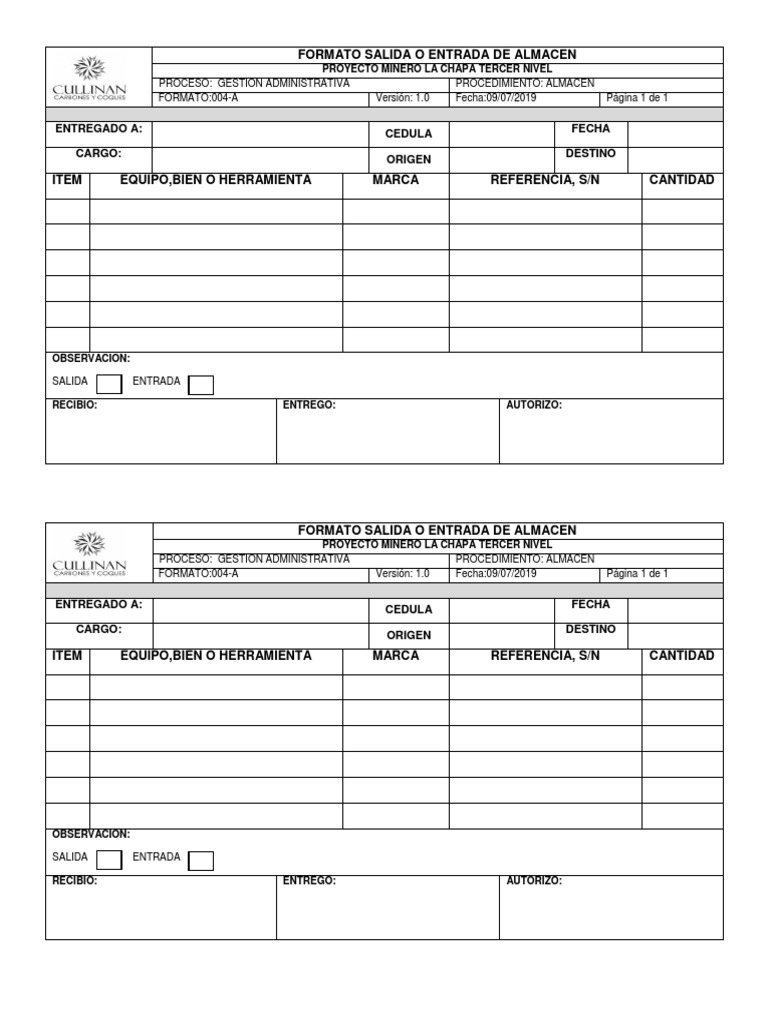 Formato Salida O Entrada De Almacen: Entregado A: Cedula Fecha Cargo ...