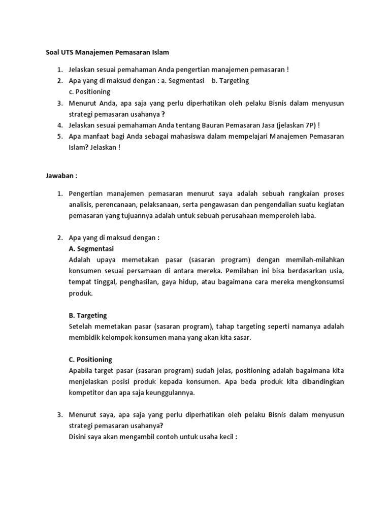 Soal UTS Manajemen Pemasaran Islam | PDF