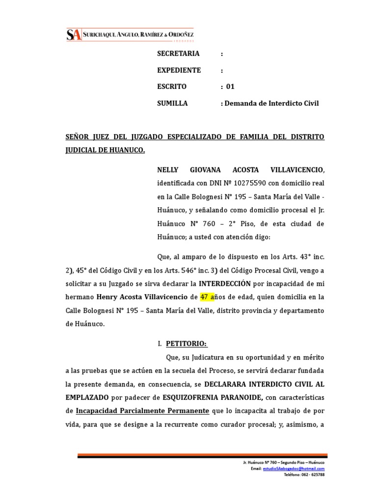 Demanda de Interdicto | PDF | Demanda judicial | Ley procesal
