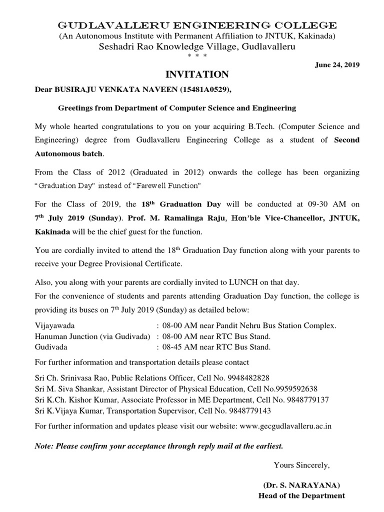 Gudlavalleru Engineering College 18th Graduation Day Invitation | PDF ...