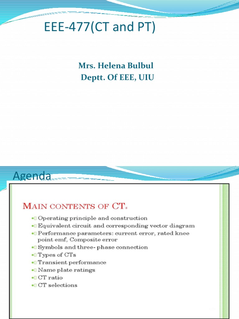 EEE-477 (CT and PT) : Mrs. Helena Bulbul Deptt. of EEE, UIU | PDF | Transformer | Electronic ...