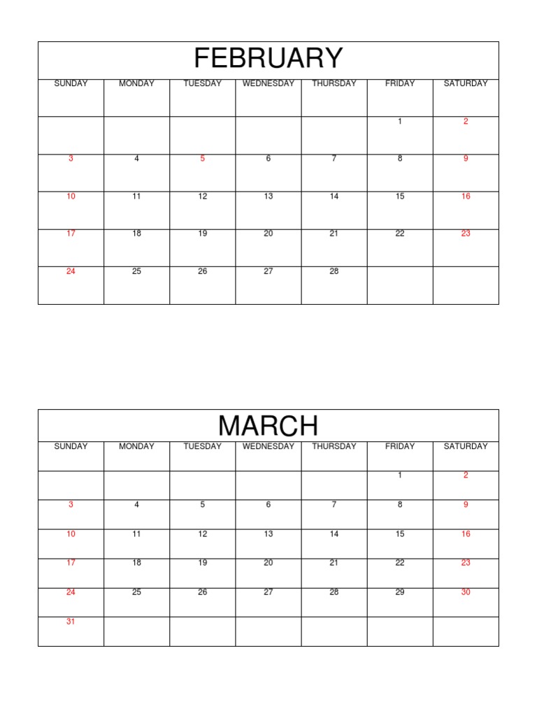 February: Sunday Monday Tuesday Wednesday Thursday Friday Saturday | PDF