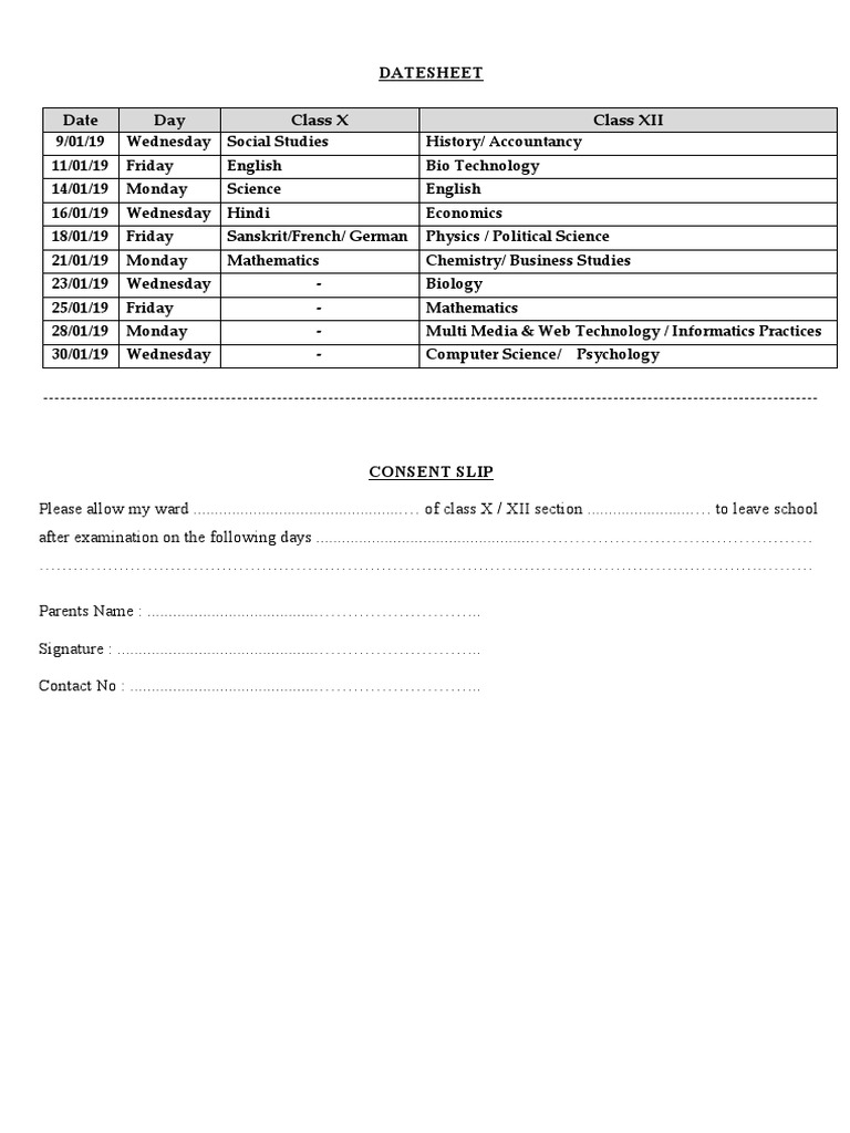 Exam Date Sheet for Classes X & XII | PDF