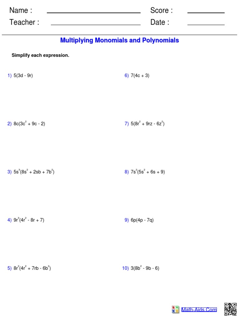 Multiplying Monomials and Polynomials Practice Problems | PDF | Algebra ...