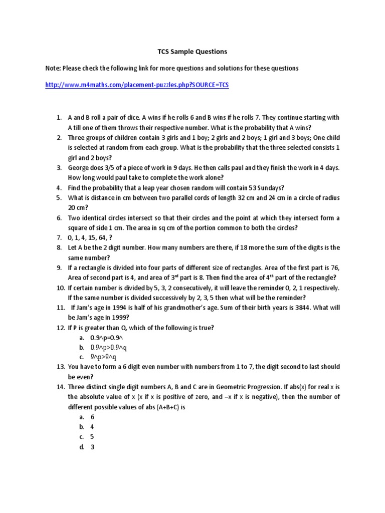 TCS Sample Questions - Papers | PDF | Permutation | Zero Of A Function