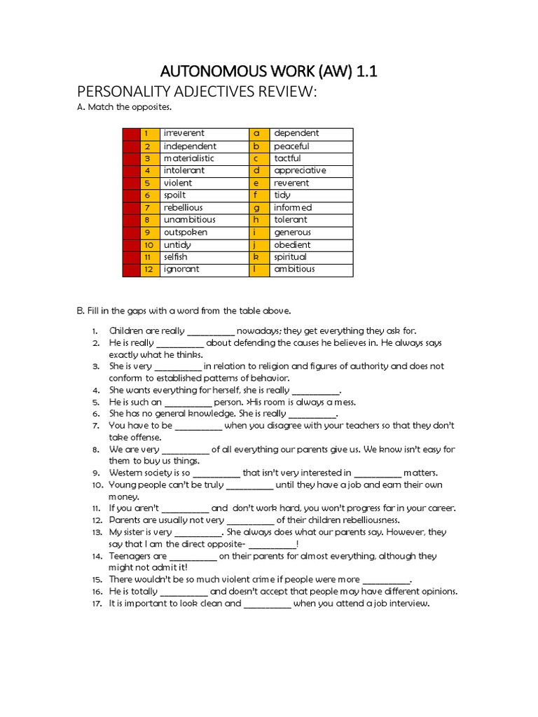 Personality Adjectives Exercise Guide | PDF