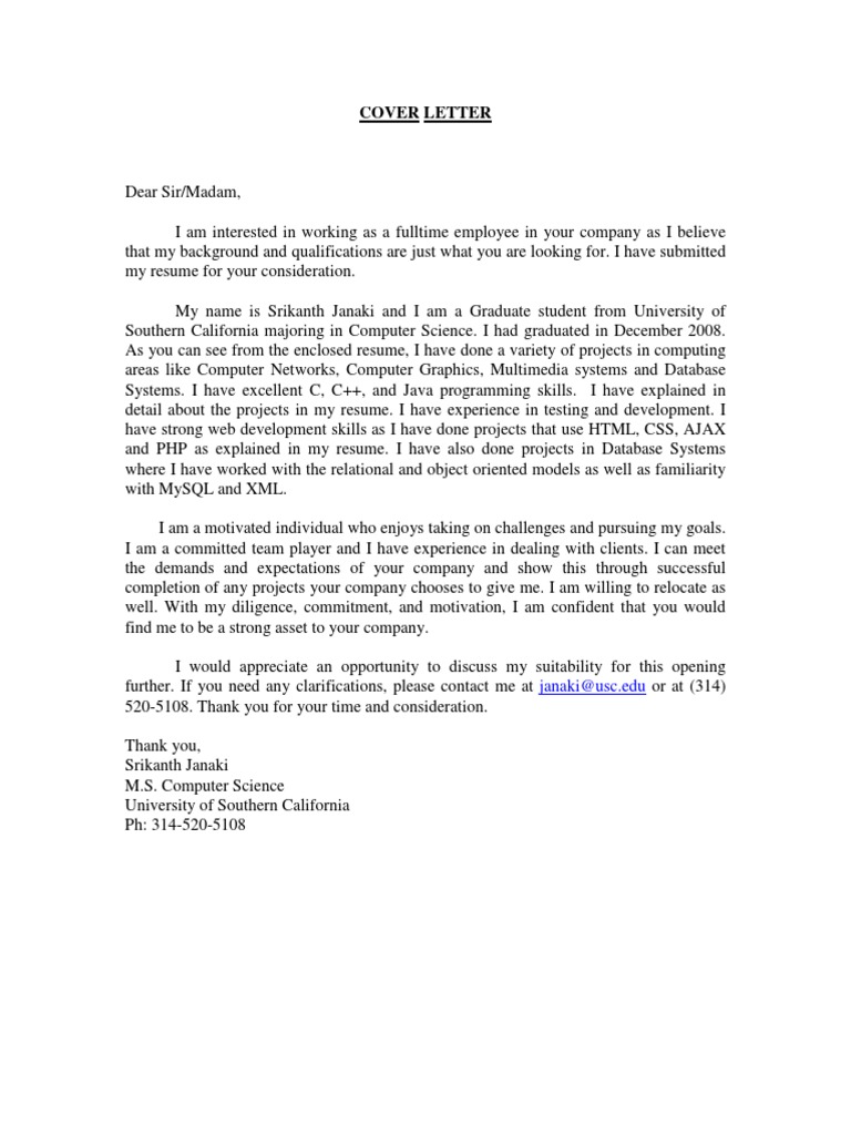 Cover Letter: Janaki@usc - Edu
