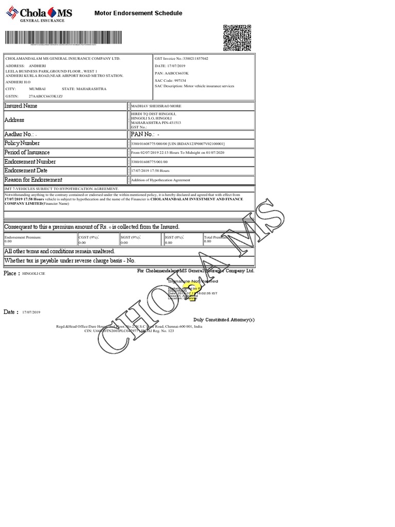 Chola MS: Motor Endorsement Schedule | Download Free PDF | Insurance ...