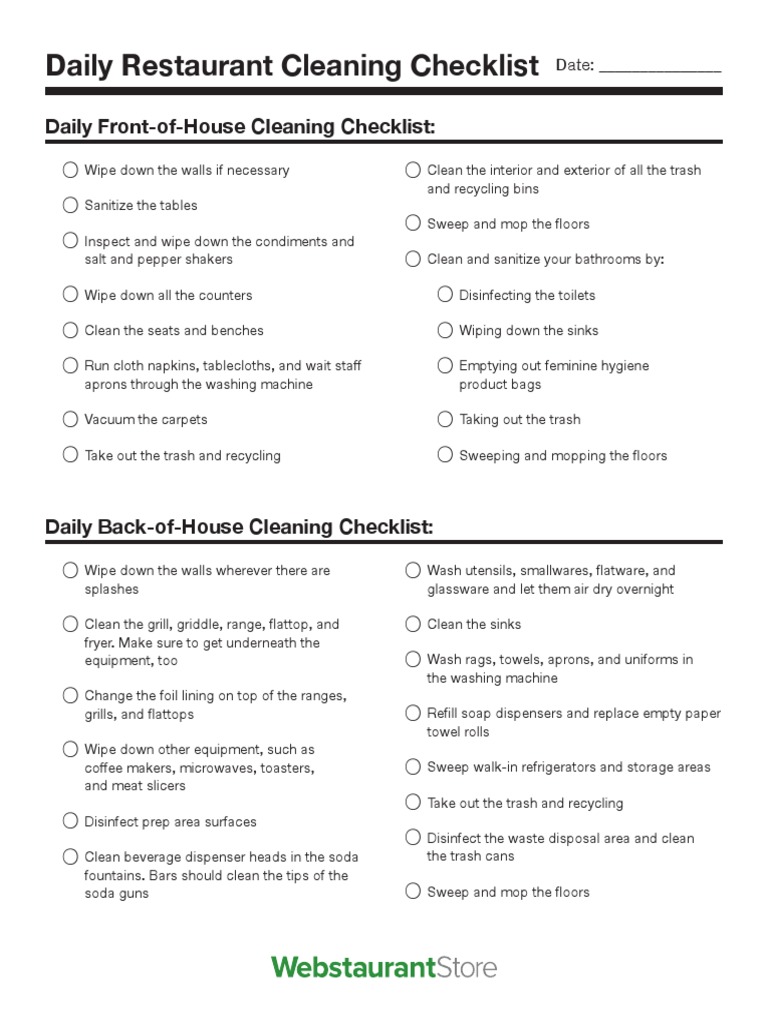 Daily Restaurant Cleaning Checklist Printable PDF | PDF | Refrigerator ...