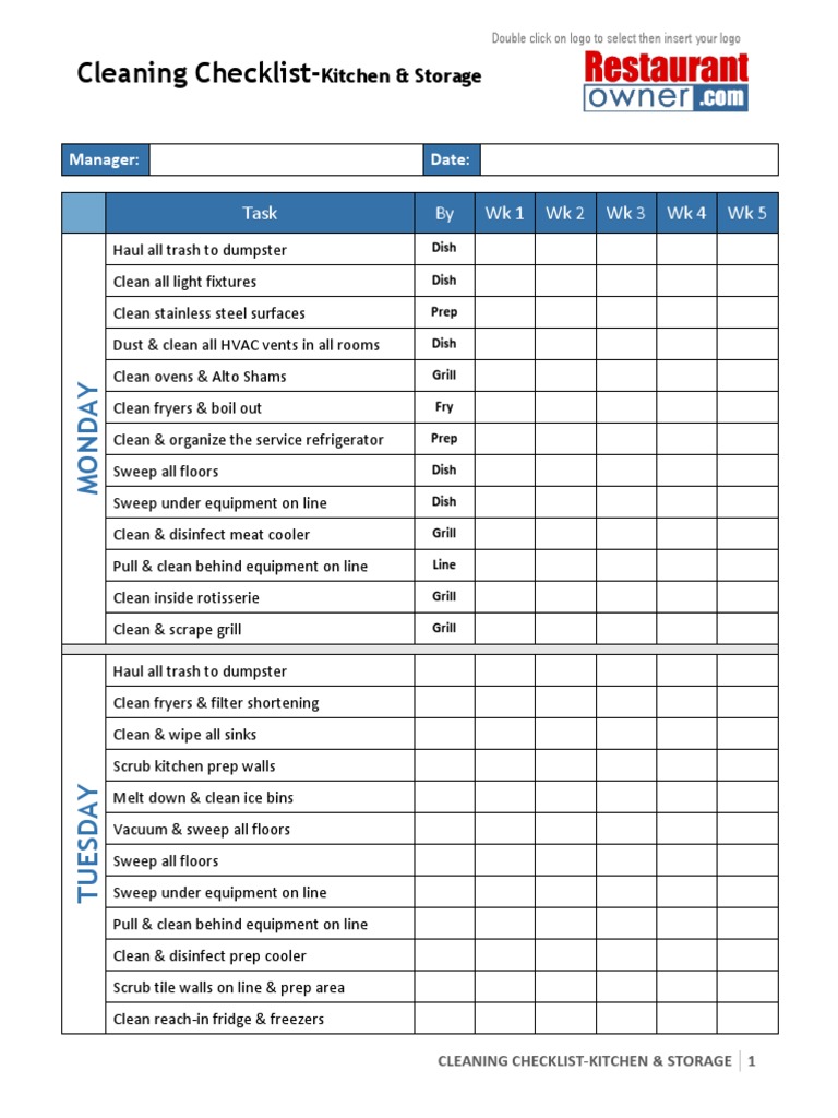 Restaurant Kitchen Cleaning Checklist Template Free Restaurant