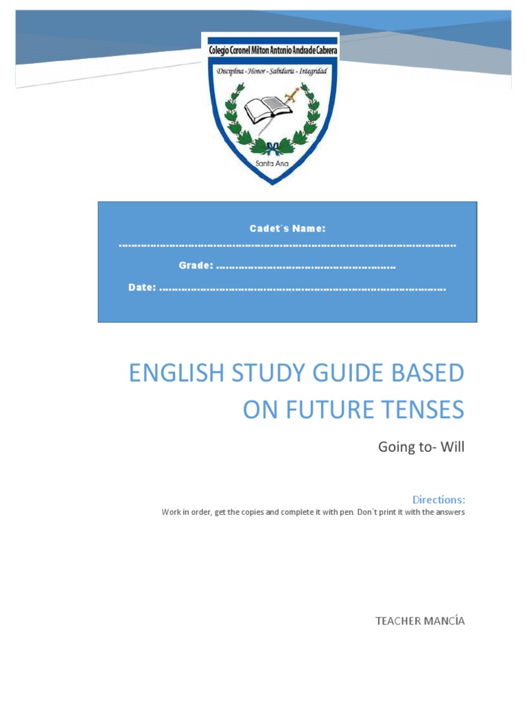 English Study Guide Based On Future Tenses: Going To-Will | PDF