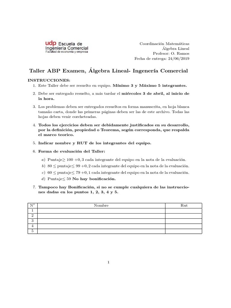 Taller Abp Examen Lineal 1-2019 | PDF | Base (álgebra lineal) | Espacio vectorial