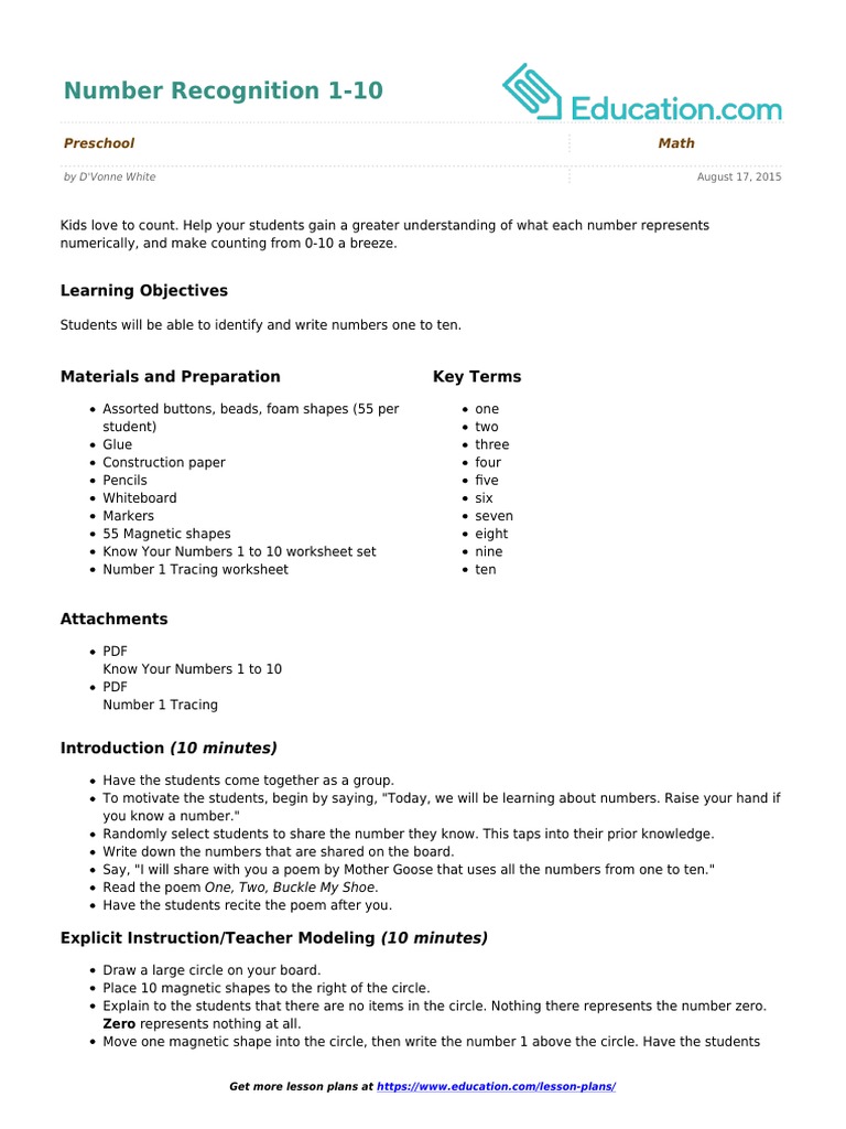 Number Recognition 1 10 | PDF | Lesson Plan | Educational Psychology