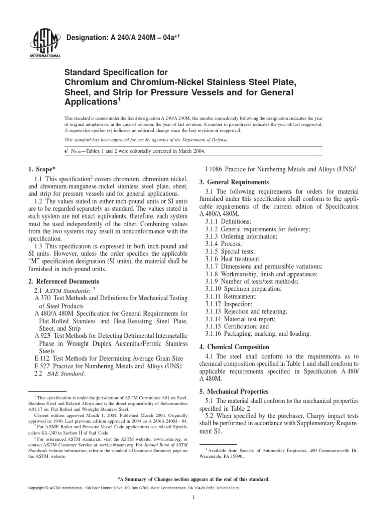 Astm A240 | PDF | Steel | Metals