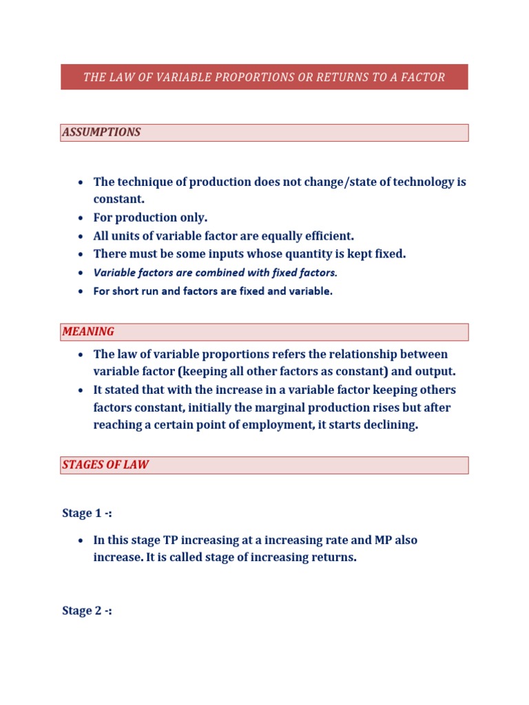 The Law of Variable Proportions or Returns To A Factor | PDF