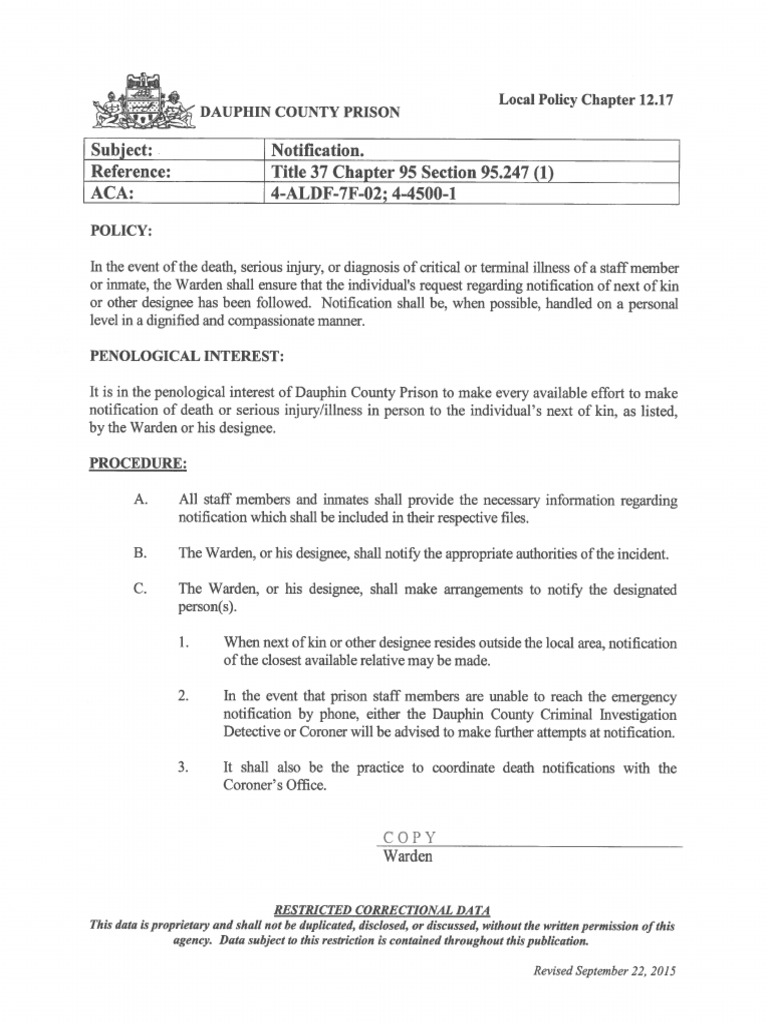 Prison Next of Kin Notification Policy