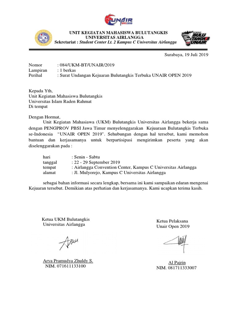 Surat Undangan Unair Open 2019 | PDF