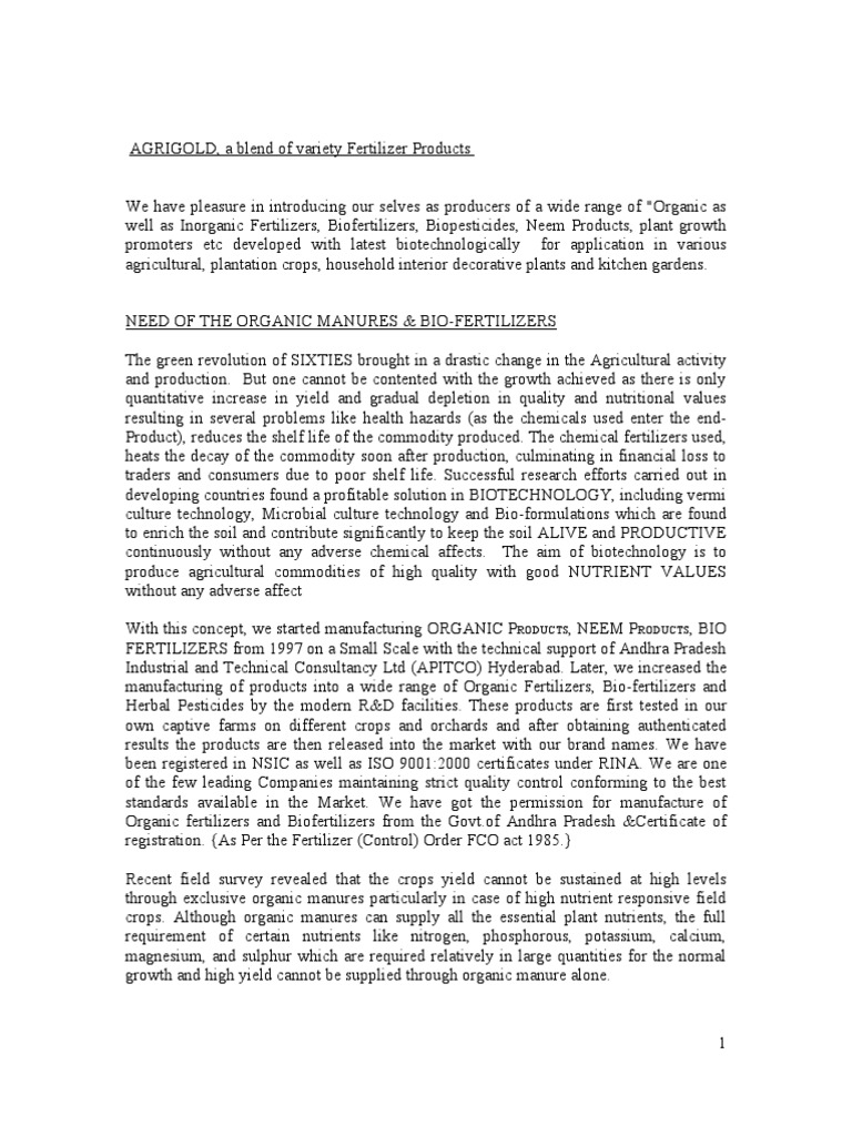 Agrigold Fertilizers Profile | PDF | Fertilizer | Soil Fertility