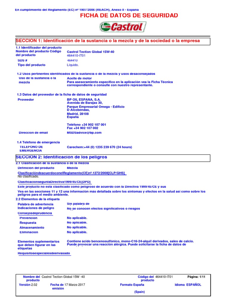 MSDS 001 Castrol Tection Global 15W40 | PDF | Guante | Contaminación