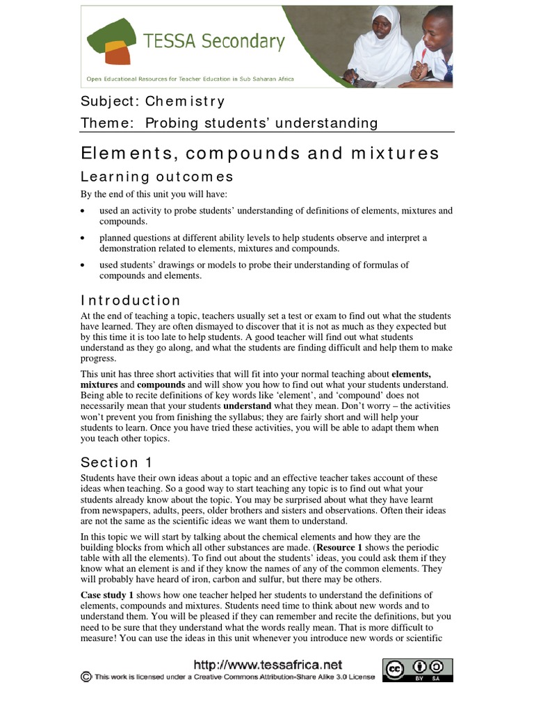 Elements, Compounds and Mixtures: Subject: Chemistry Theme: Probing ...