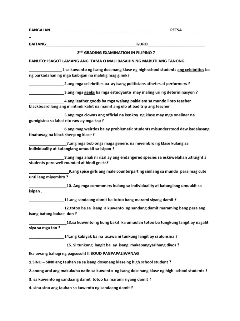 2nd Grading Examination Sa Filipino 7 | PDF