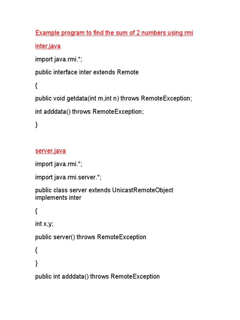 Example Program To Find The Sum of 2 Numbers Using Rmi Inter - Java ...