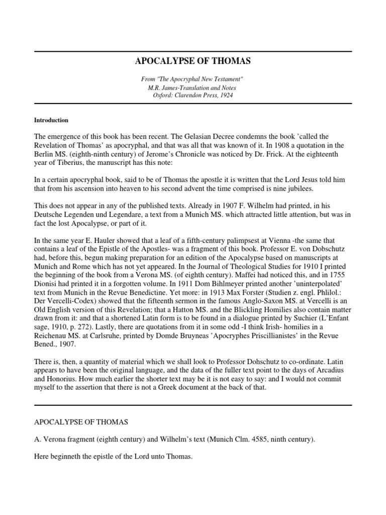 Apocalypse of Thomas: From "The Apocryphal New Testament" M.R. James ...
