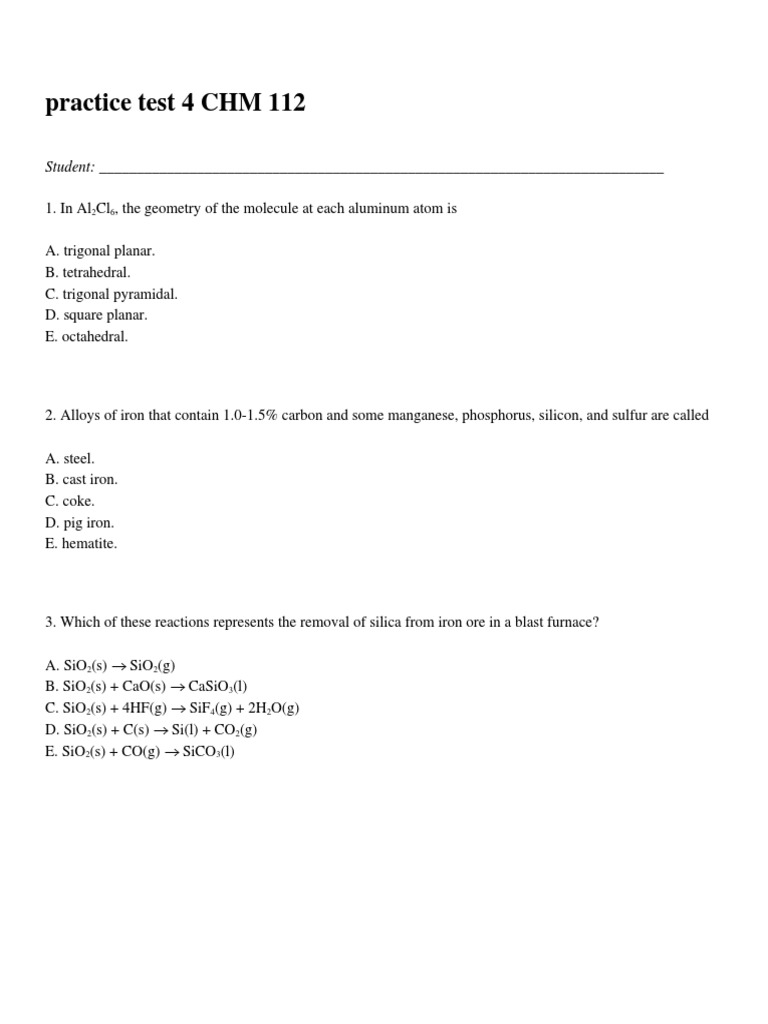 CHM 112 practice test key | PDF | Iron | Carbon