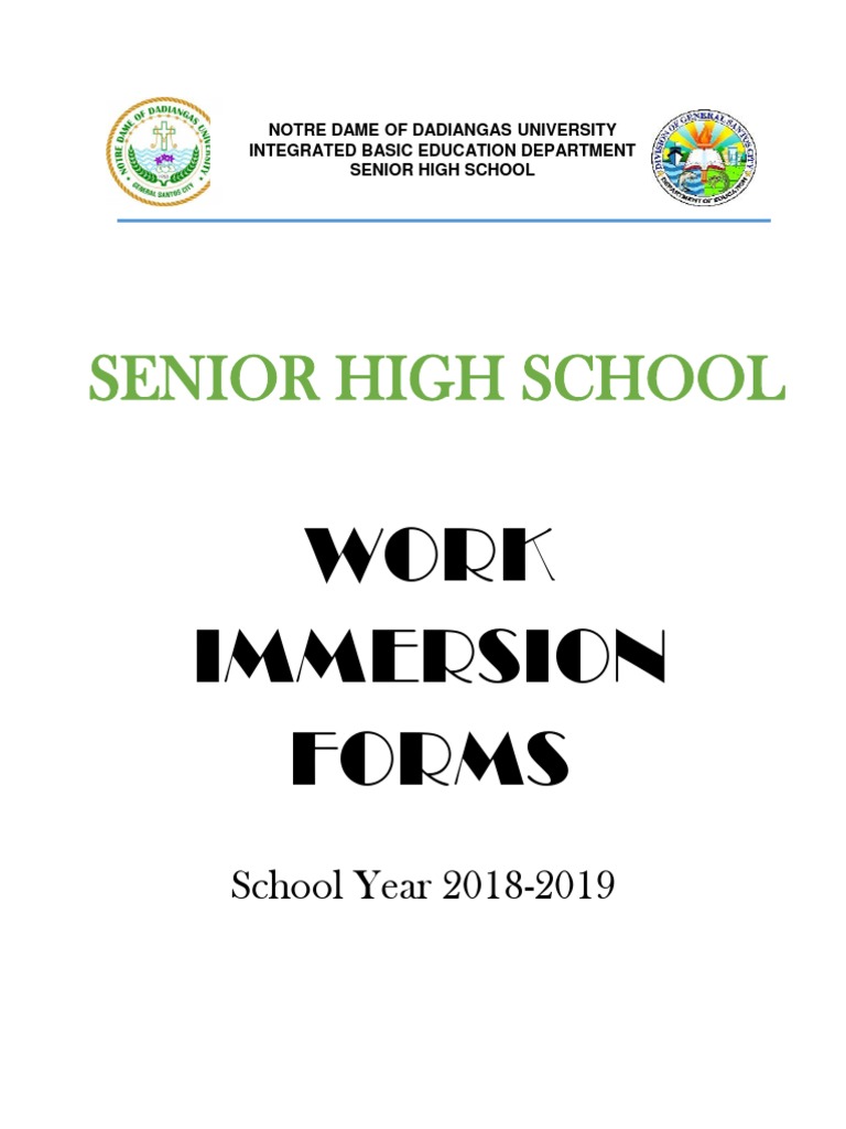 Work Immersion Forms for Notre Dame of Dadiangas University Senior High ...