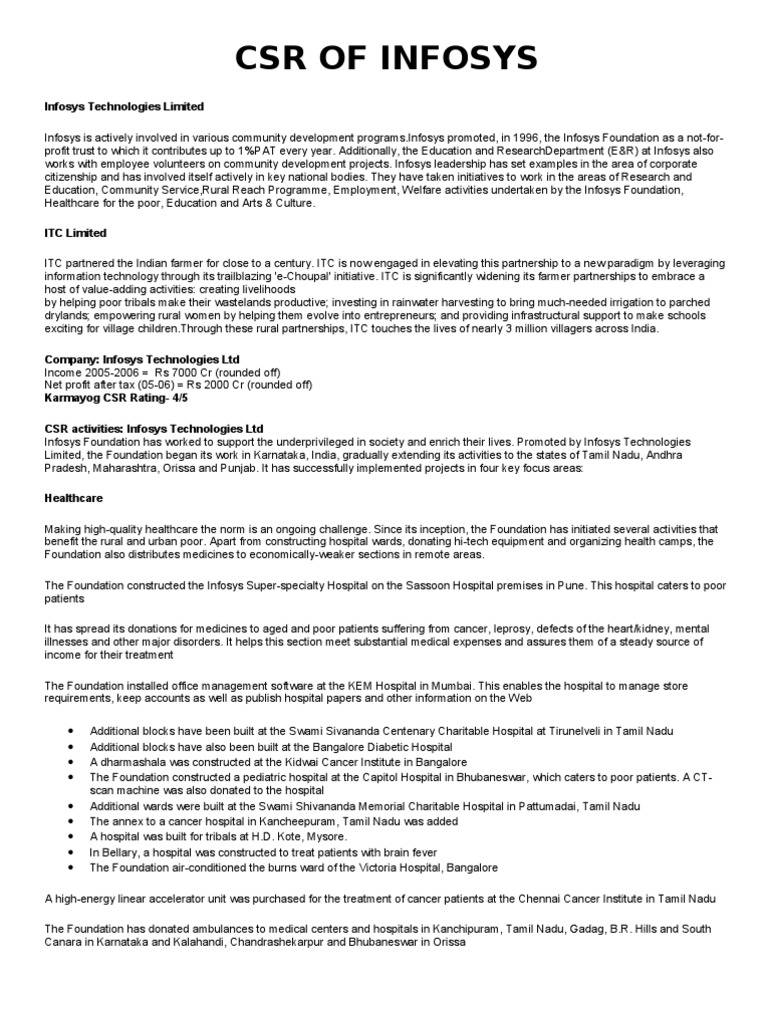 Infosys CSR Initiatives Overview | PDF | Corporate Social ...