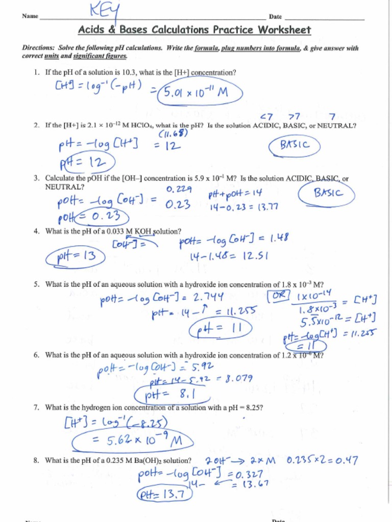 Acids and Bases Calculations Practice Worksheet KEY PDF | PDF