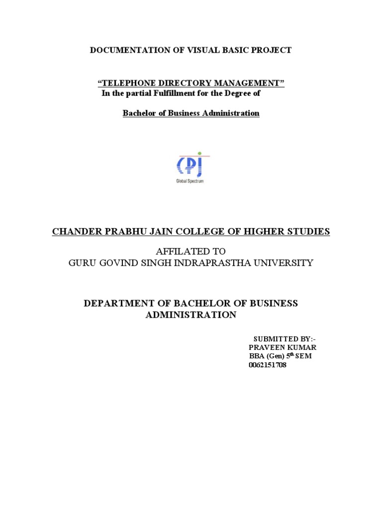 Documentation of Visual Basic Project: Chander Prabhu Jain College of ...