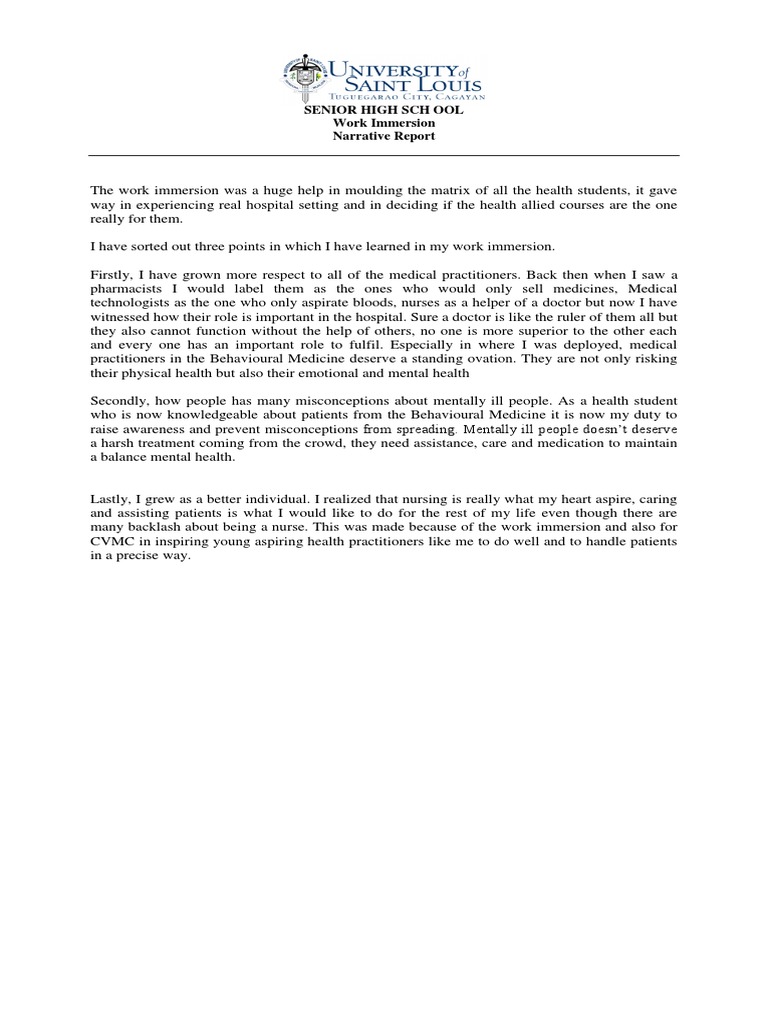 Senior High SCH OOL Work Immersion Narrative Report | PDF