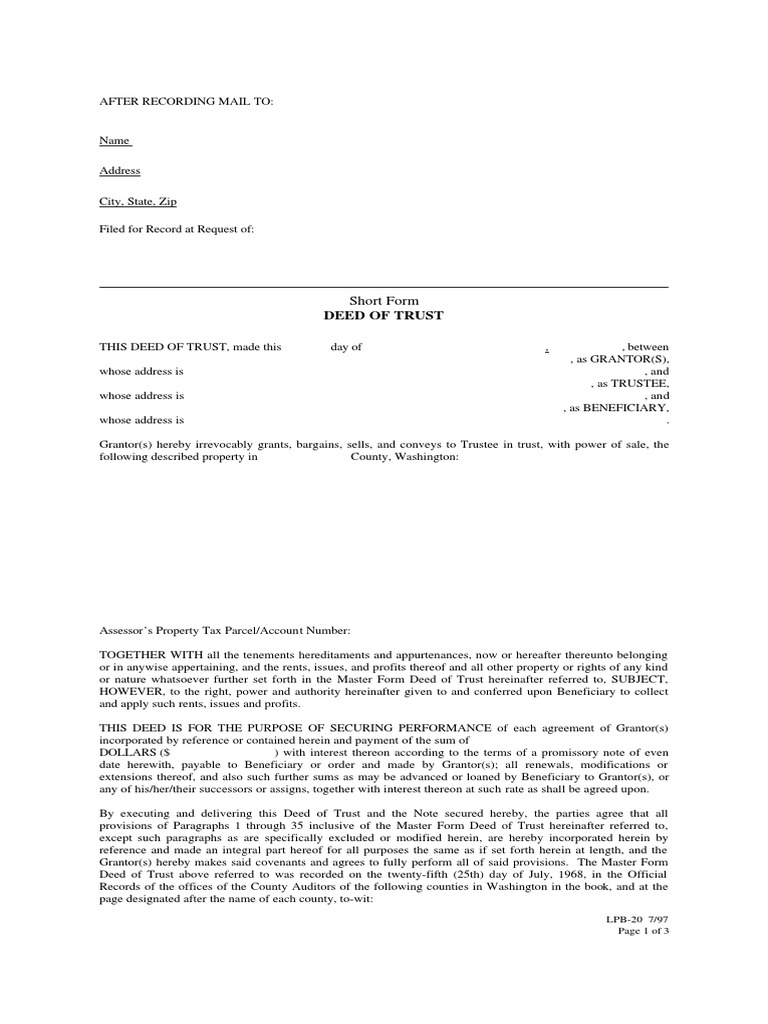 Short Form Deed of Trust | PDF | Mortgage Law | Trust Law