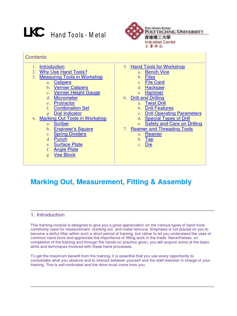 Hand Tools - Metal: Marking Out, Measurement, Fitting & Assembly | PDF ...