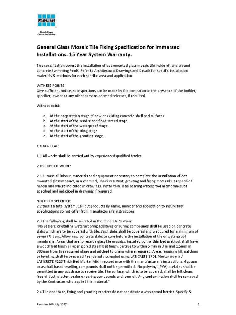 Glass Mosaic Tile To Swimming Pool Specification 240717 | PDF | Mortar ...