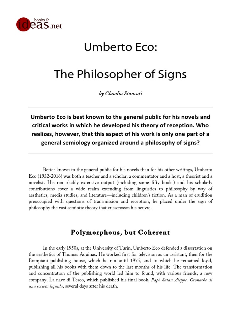 Umberto Eco: The Philosopher of Signs: Polymorphous, But Coherent | PDF ...