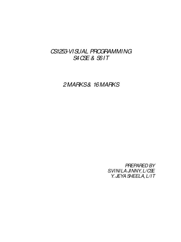Cs1253 Visual Programming Two Marks | PDF | Computers