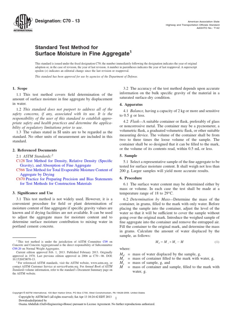 ASTM C70-13 Surface Moisture in Fine Aggregate | PDF | Nature