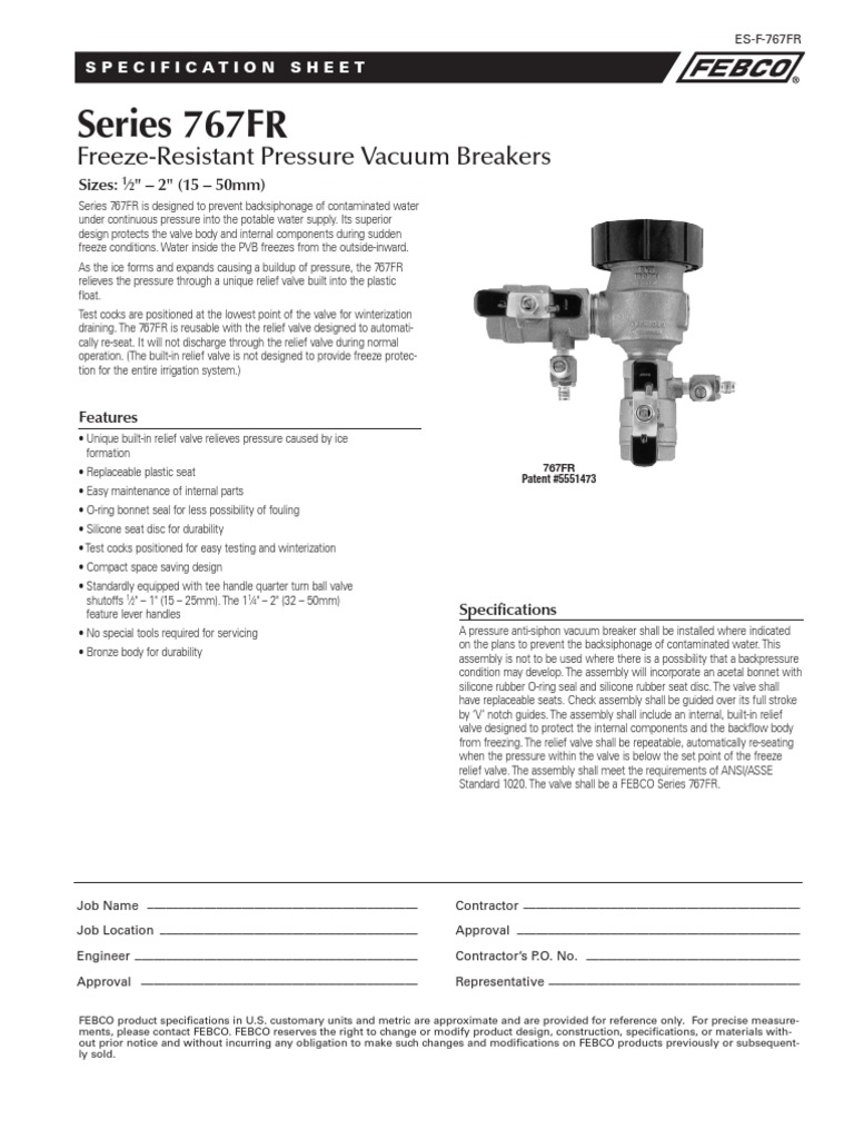 Series 767FR Specification Sheet | PDF | Valve | Hydraulic Engineering