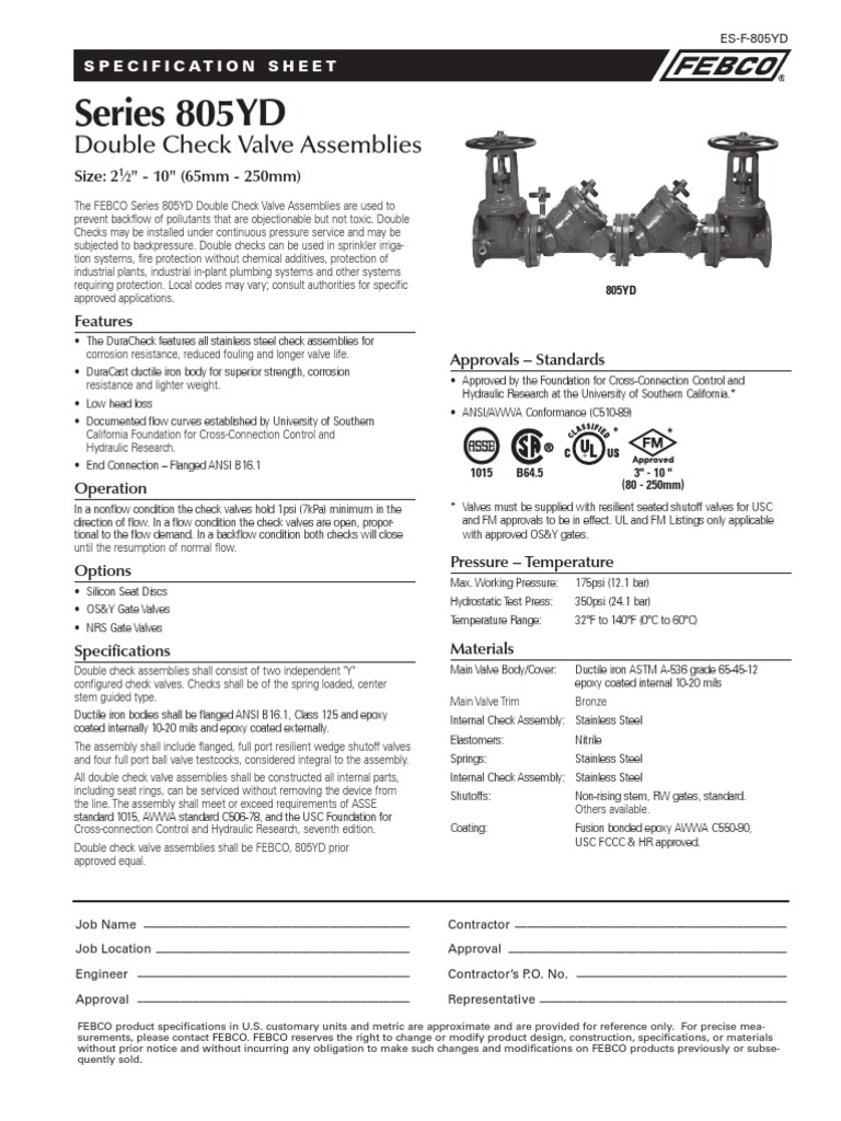 Series 805YD Specification Sheet | PDF | Valve | Gas Technologies