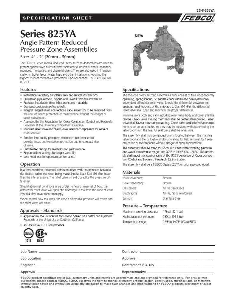 Series 825YA Specification Sheet | PDF | Valve | Pressure